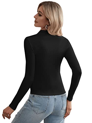 Verdusa Women's Casual Polo Neck Long Sleeve Ribbed Knit Button Up Tee T Shirt Top Black S