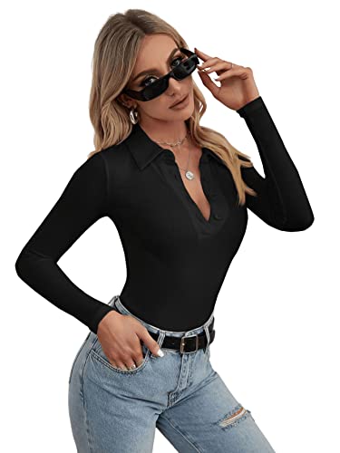 Verdusa Women's Casual Polo Neck Long Sleeve Ribbed Knit Button Up Tee T Shirt Top Black S