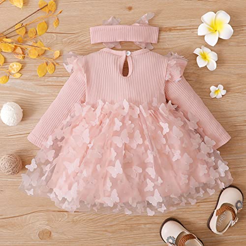 PATPAT Baby Girl Dress Long Sleeve Tutu Dress Infant Girl Tulle Dress Flower Girl Party Birthday Princess Dresses Light Pink 18-24 Months