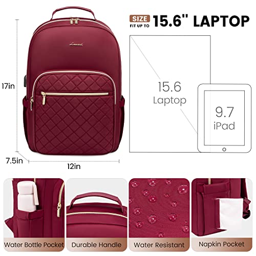 LOVEVOOK 15.6-inch Laptop Backpack for Women, Quilted Business Travel Computer Bag, Doctor Nurse Backpack Purse for Work, Wine