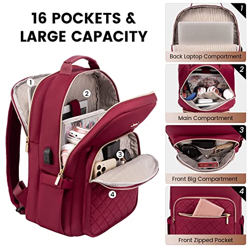 LOVEVOOK 15.6-inch Laptop Backpack for Women, Quilted Business Travel Computer Bag, Doctor Nurse Backpack Purse for Work, Wine