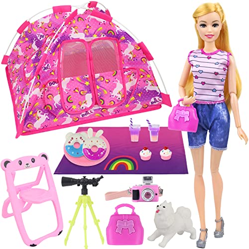 Ecore Fun 15 Pcs Doll Camping and Accessories Set for 11.5 Inch Girl Doll Includes Doll Tent, Clothes, Chair, Camera, Drink, Cupcake, Donut, Telescope, Toy Dog, Bag