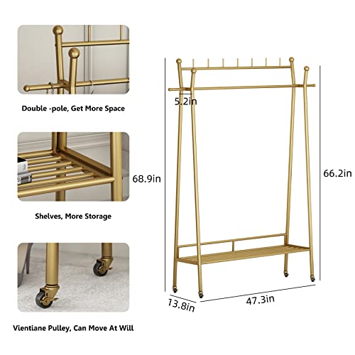 Gold Clothing Rack, Portable Rolling Clothes Racks for Hanging Clothes Heavy Duty Double Rod Boutique Clothing Garment Rack, Coat Rack with a Bottom Shelf 47.2”L