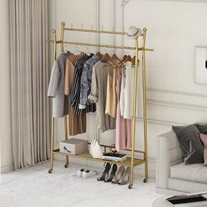 Gold Clothing Rack, Portable Rolling Clothes Racks for Hanging Clothes Heavy Duty Double Rod Boutique Clothing Garment Rack, Coat Rack with a Bottom Shelf 47.2”L