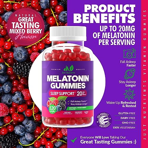 Melatonin 20mg Gummies for Adults (120 Count) - Maximum Strength Sleep Gummies with 10mg of Melatonin Per Gummy - Gluten-Free, Non-GMO, Vegetarian, Great Tasting Mixed Berry Flavor - 60 Servings