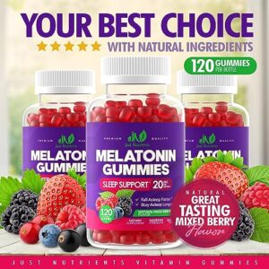 Melatonin 20mg Gummies for Adults (120 Count) - Maximum Strength Sleep Gummies with 10mg of Melatonin Per Gummy - Gluten-Free, Non-GMO, Vegetarian, Great Tasting Mixed Berry Flavor - 60 Servings