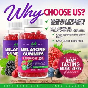 Melatonin 20mg Gummies for Adults (120 Count) - Maximum Strength Sleep Gummies with 10mg of Melatonin Per Gummy - Gluten-Free, Non-GMO, Vegetarian, Great Tasting Mixed Berry Flavor - 60 Servings