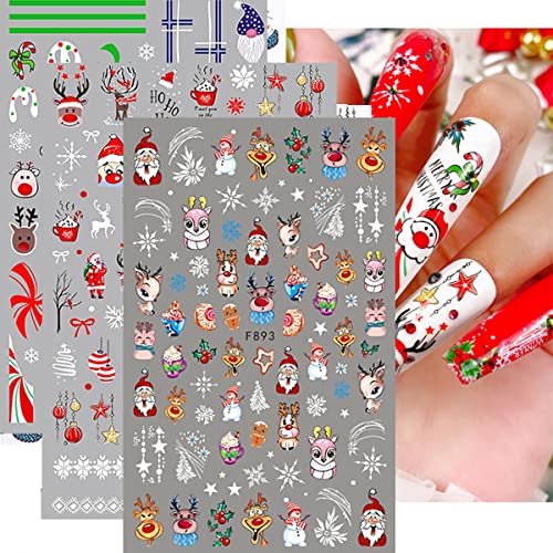 10 Sheets Christmas Nail Art Stickers Decals Self-Adhesive Pegatinas Uñas Navidad Snowflake Santa Claus Reindeer Snowman Nail Supplies Holiday Nail Art Design Decoration Accessories