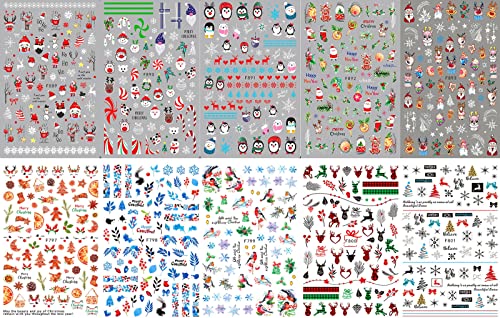 10 Sheets Christmas Nail Art Stickers Decals Self-Adhesive Pegatinas Uñas Navidad Snowflake Santa Claus Reindeer Snowman Nail Supplies Holiday Nail Art Design Decoration Accessories