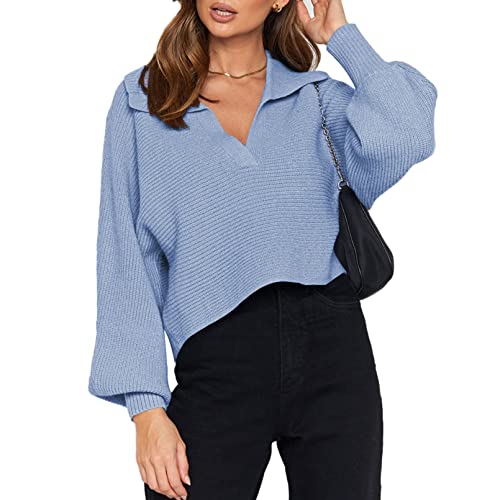 Meenew Women Loose Pullover Sweater Collared V Neck Long Sleeve Knit Crop Tops M Light Blue