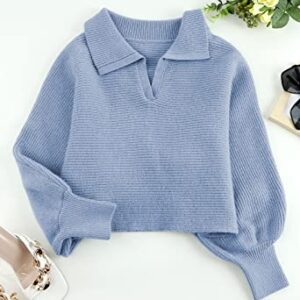 Meenew Women Loose Pullover Sweater Collared V Neck Long Sleeve Knit Crop Tops M Light Blue