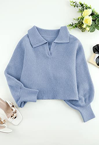 Meenew Women Loose Pullover Sweater Collared V Neck Long Sleeve Knit Crop Tops M Light Blue