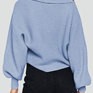 Meenew Women Loose Pullover Sweater Collared V Neck Long Sleeve Knit Crop Tops M Light Blue