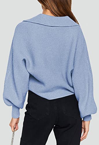 Meenew Women Loose Pullover Sweater Collared V Neck Long Sleeve Knit Crop Tops M Light Blue