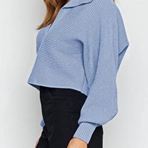 Meenew Women Loose Pullover Sweater Collared V Neck Long Sleeve Knit Crop Tops M Light Blue