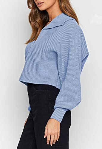 Meenew Women Loose Pullover Sweater Collared V Neck Long Sleeve Knit Crop Tops M Light Blue