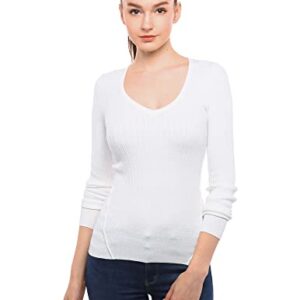 AmélieBoutik Women V Neck Long Sleeve Ribbed Pullover Knit Sweater Top (Ivory White Medium)