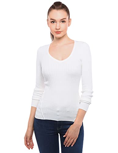 AmélieBoutik Women V Neck Long Sleeve Ribbed Pullover Knit Sweater Top (Ivory White Medium)