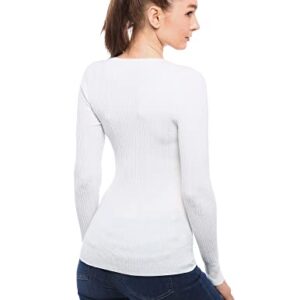 AmélieBoutik Women V Neck Long Sleeve Ribbed Pullover Knit Sweater Top (Ivory White Medium)