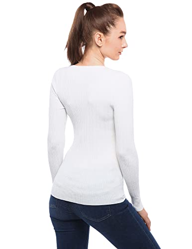 AmélieBoutik Women V Neck Long Sleeve Ribbed Pullover Knit Sweater Top (Ivory White Medium)