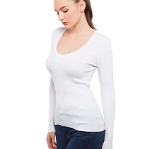 AmélieBoutik Women V Neck Long Sleeve Ribbed Pullover Knit Sweater Top (Ivory White Medium)