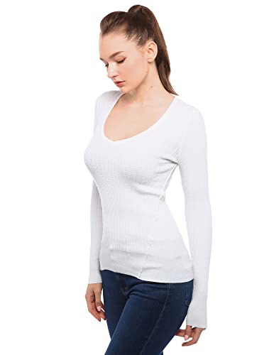 AmélieBoutik Women V Neck Long Sleeve Ribbed Pullover Knit Sweater Top (Ivory White Medium)