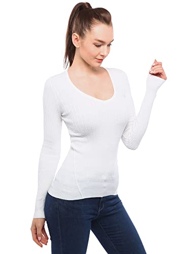 AmélieBoutik Women V Neck Long Sleeve Ribbed Pullover Knit Sweater Top (Ivory White Medium)