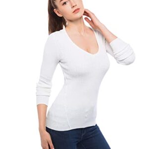 AmélieBoutik Women V Neck Long Sleeve Ribbed Pullover Knit Sweater Top (Ivory White Medium)