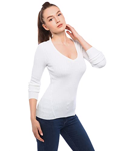 AmélieBoutik Women V Neck Long Sleeve Ribbed Pullover Knit Sweater Top (Ivory White Medium)