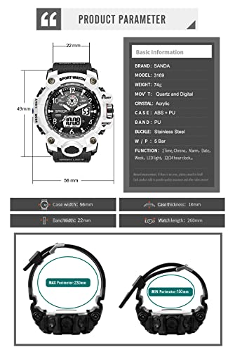 KXAITO Men's Watches Sports Outdoor Waterproof Military Watch Date Multi Function Tactics LED Face Alarm Stopwatch for Men 3169 (Panda Color