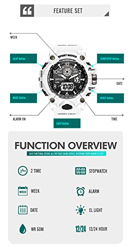 KXAITO Men's Watches Sports Outdoor Waterproof Military Watch Date Multi Function Tactics LED Face Alarm Stopwatch for Men 3169 (Panda Color