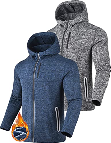 Liberty Imports 2 Pack Mens Zip Up Hoodies, Fleece Thermal Performance Tech Training Jackets, Lightweight Running Sweatshirts with Zipper Pockets (X-Large, 2-Pack: Gray/Navy)