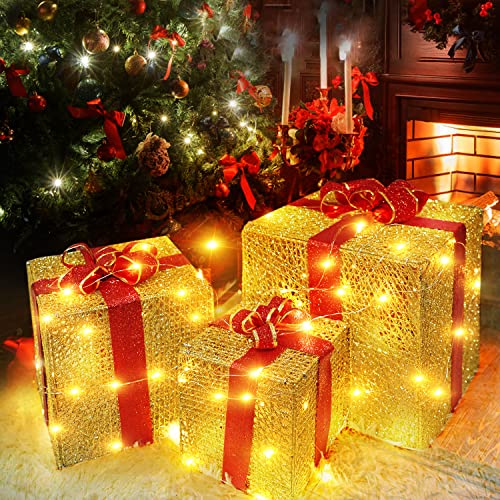 BUDO Set of 3 Christmas Lighted Gift Boxes, 100 LED Light Up Warm White Gold Tinsel Box Decorations with Red Bow for Outdoor Indoor Christmas Tree Yard Home Decor, 6/8/10 Inch