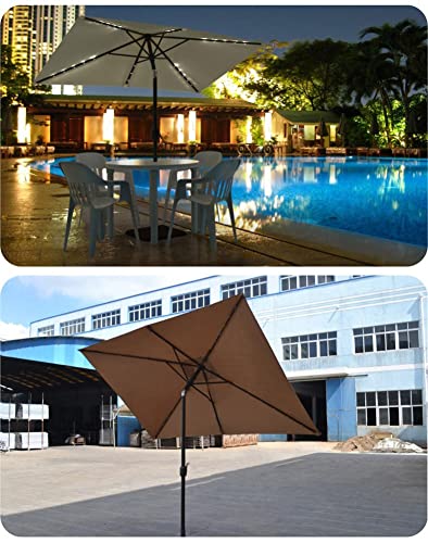 WAHHWF 10x6.5FT Garden Parasol Umbrella with Solar Lights, Rectangular Large Patio Table Umbrella, Deck Pool Outdoor Market Umbrella with Tilt and Crank (Color : Brown)