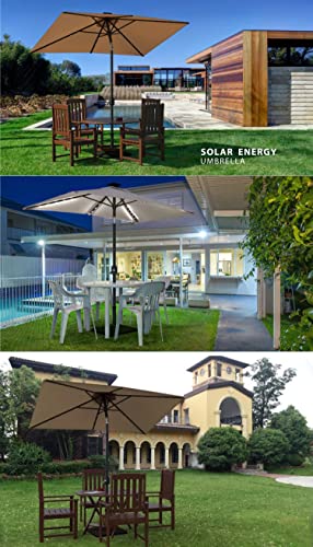 WAHHWF 10x6.5FT Garden Parasol Umbrella with Solar Lights, Rectangular Large Patio Table Umbrella, Deck Pool Outdoor Market Umbrella with Tilt and Crank (Color : Brown)