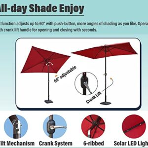 WAHHWF 10x6.5FT Garden Parasol Umbrella with Solar Lights, Rectangular Large Patio Table Umbrella, Deck Pool Outdoor Market Umbrella with Tilt and Crank (Color : Brown)