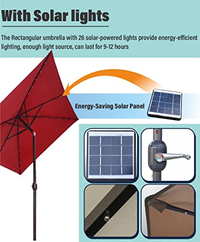 WAHHWF 10x6.5FT Garden Parasol Umbrella with Solar Lights, Rectangular Large Patio Table Umbrella, Deck Pool Outdoor Market Umbrella with Tilt and Crank (Color : Brown)