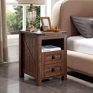 t4tream nightstand wtih charging station, end table, side table with 2 drawers storage cabinet for bedroom, living room, farmhouse design, wood rustic, reclaimed barnwood