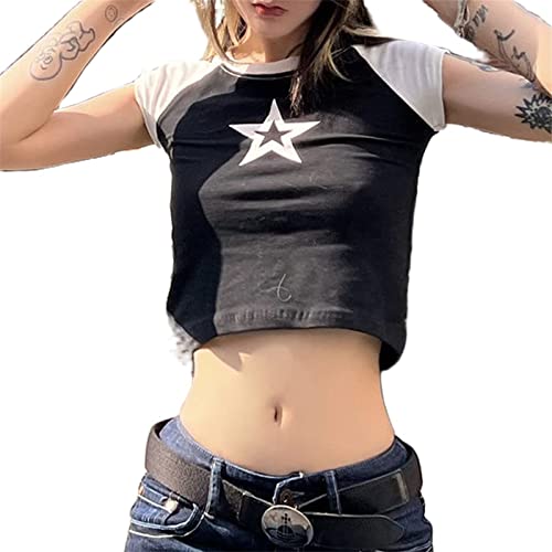 Womens Teen E Girls Y2k Vintage Aesthetic Star Graphic Print Crop Tops Fairy Grunge Baby Tees Shirt Clothes Streetwear