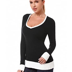 AmélieBoutik Women Color Trim V Neck Long Sleeve Pullover Knit Sweater Top (Black and Ivory White Large)