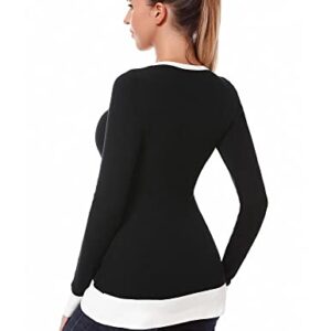 AmélieBoutik Women Color Trim V Neck Long Sleeve Pullover Knit Sweater Top (Black and Ivory White Large)