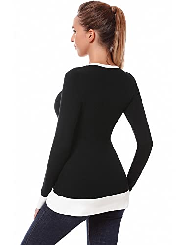 AmélieBoutik Women Color Trim V Neck Long Sleeve Pullover Knit Sweater Top (Black and Ivory White Large)