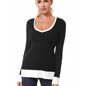 AmélieBoutik Women Color Trim V Neck Long Sleeve Pullover Knit Sweater Top (Black and Ivory White Large)