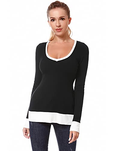 AmélieBoutik Women Color Trim V Neck Long Sleeve Pullover Knit Sweater Top (Black and Ivory White Large)