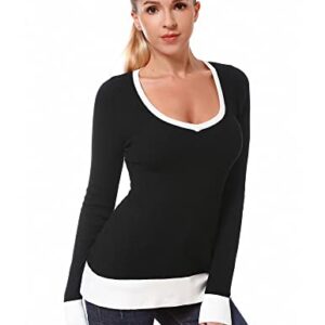 AmélieBoutik Women Color Trim V Neck Long Sleeve Pullover Knit Sweater Top (Black and Ivory White Large)