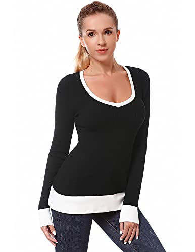 AmélieBoutik Women Color Trim V Neck Long Sleeve Pullover Knit Sweater Top (Black and Ivory White Large)