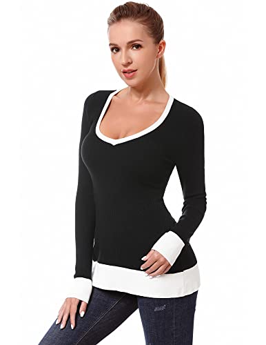 AmélieBoutik Women Color Trim V Neck Long Sleeve Pullover Knit Sweater Top (Black and Ivory White X-Small)