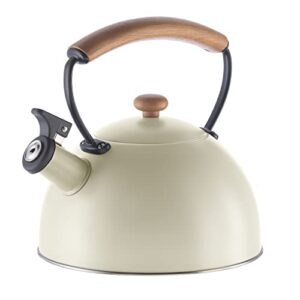 oggi tea kettle for stove top - 85oz / 2.5lt, stainless steel kettle with loud whistle & stay-cool wood handle, ideal hot water kettle and water boiler - warm gray