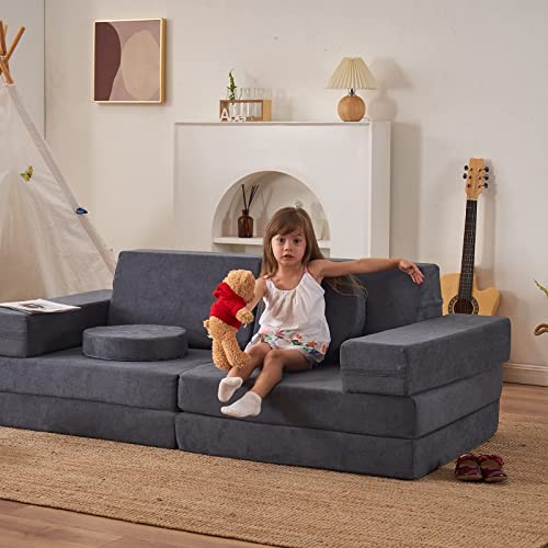 jela Kids Couch 10PCS Luxury, Floor Couch Floor Sofa Modular Furniture for Adults, Playhouse Play Set for Toddlers Babies, Modular Foam Play Couch (Classic, Moonlight Grey)