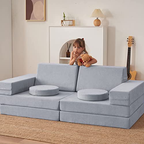 jela Kids Couch 10PCS Luxury, Floor Couch Floor Sofa Modular Furniture for Adults, Playhouse Play Set for Toddlers Babies, Modular Foam Play Couch (Classic, Moonlight Grey)